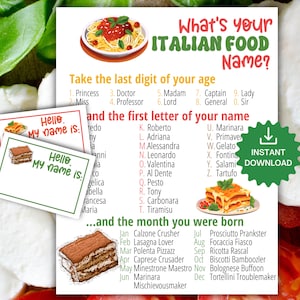 What's Your Italian Food Name Game WITH NAMETAGS +SIGN, Pasta Dinner ...
