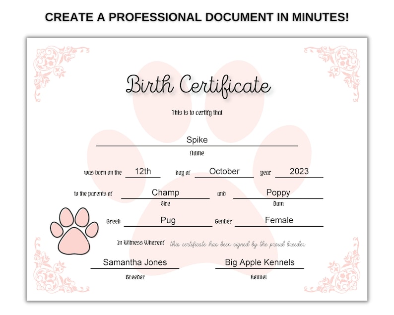 Editable Puppy Birth Certificate, Dog Birth Certificate, Breeder Forms ...