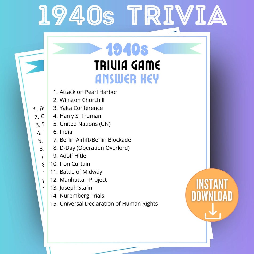1940s Decade Trivia Game, Trivia Questions, 40s Trivia Quiz, 1960s ...