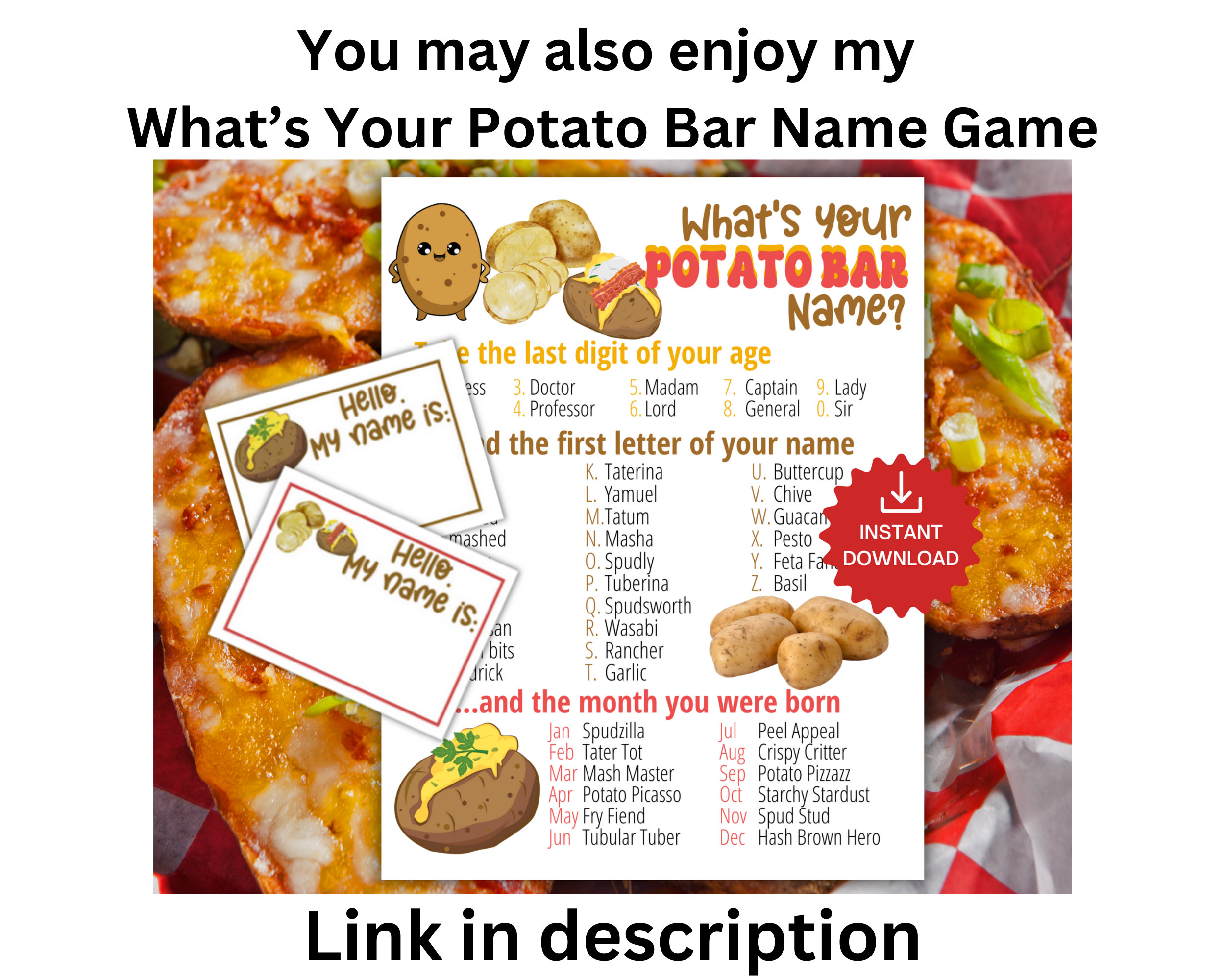 Potato Trivia Game,printable Potato Bar Game for Kids & Adults ...