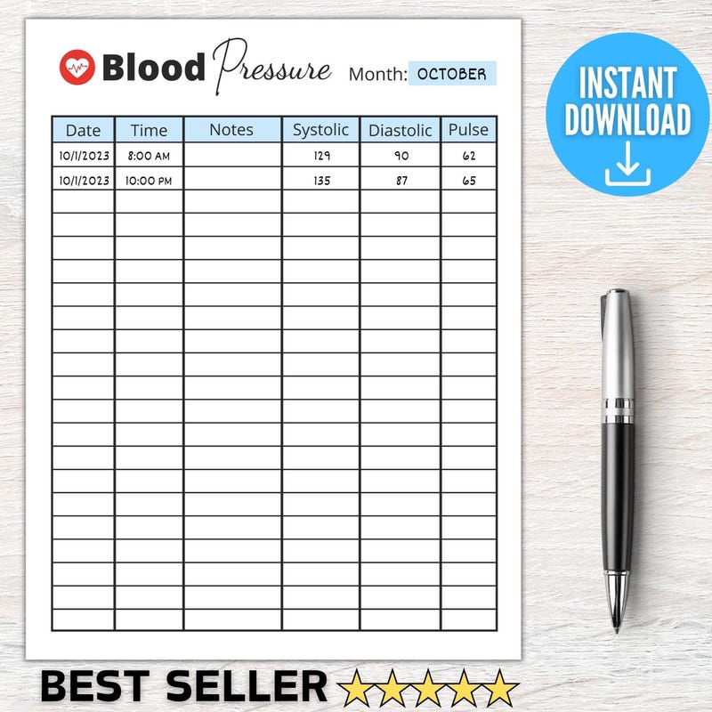 Chart to Record Blood Pressure Daily - Etsy