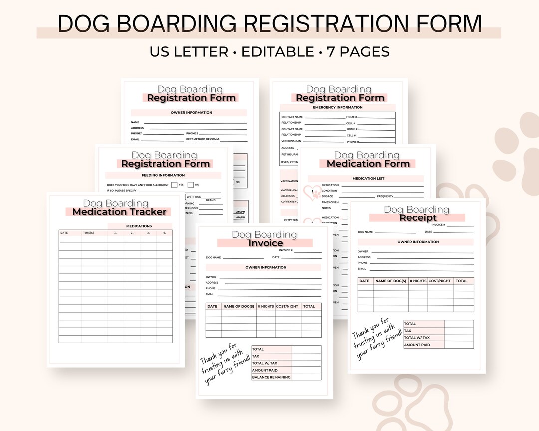 Dog Boarding Registration Forms Fillable PDF D001 - Etsy