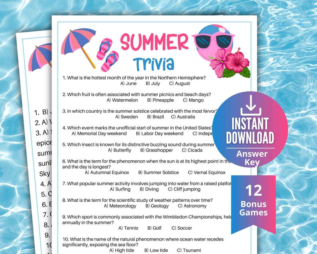Summer Trivia Game, Summer Solstice Holiday Game, Summer Party Game ...