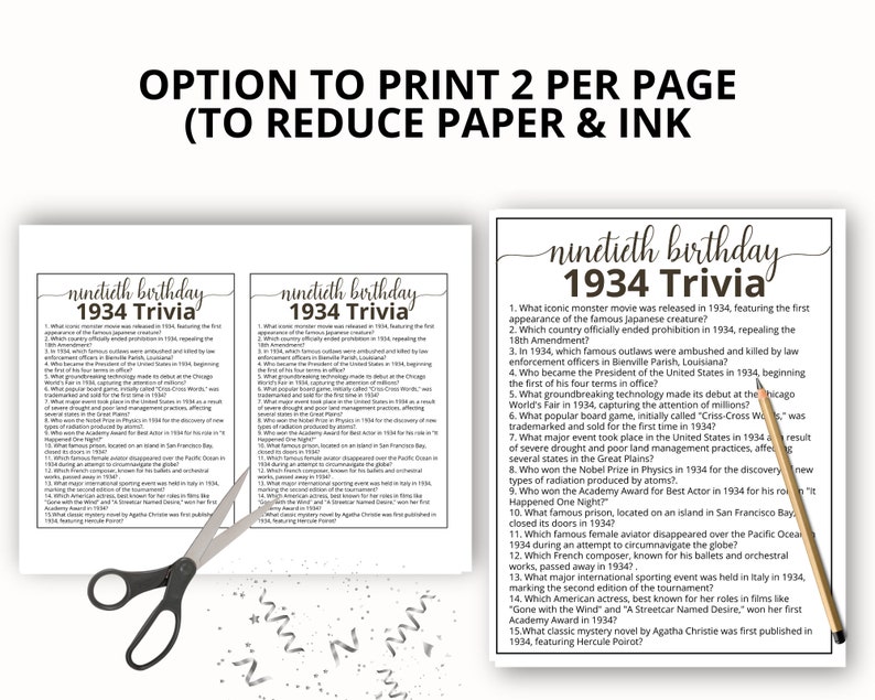 1934 Trivia Game, 90th Birthday Party Games, Born in 1934 Game, 1934 ...