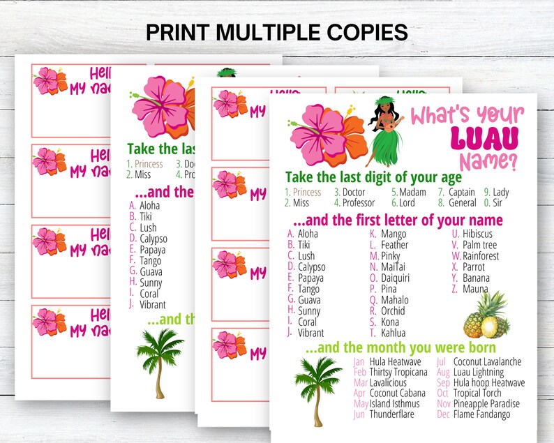 What's Your Luau Name Game WITH NAMETAGS SIGN, Hawaiian Party Game ...