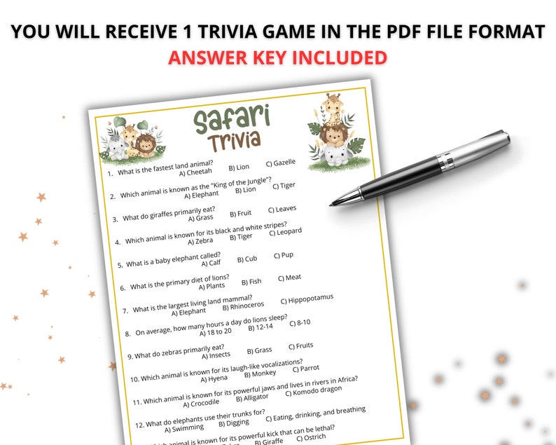 Safari Trivia Game, Printable Animal Game for Kids & Adults, Safari ...