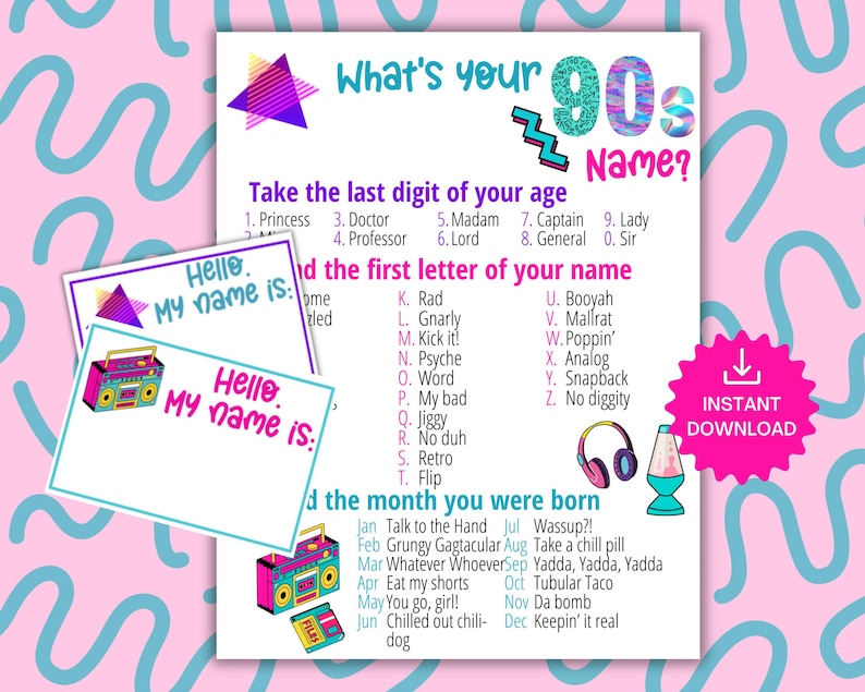 What's Your 90s Name Game WITH NAMETAGS + SIGN, Nineties Party Game ...