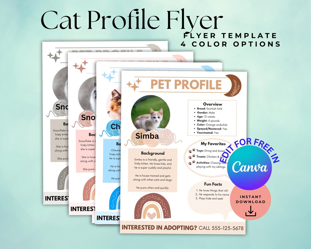 Editable Pet Profile CANVA Template, Cat Adoption Marketing Flyer ...