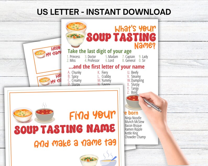 What's Your Soup Tasting Name Game WITH NAMETAGS + SIGN, Comfort Food ...