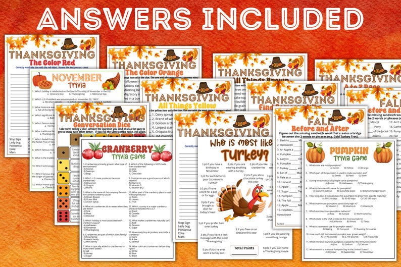 Thanksgiving Game Bundle, Fall Trivia Games, 52 Fun Printable Games for ...