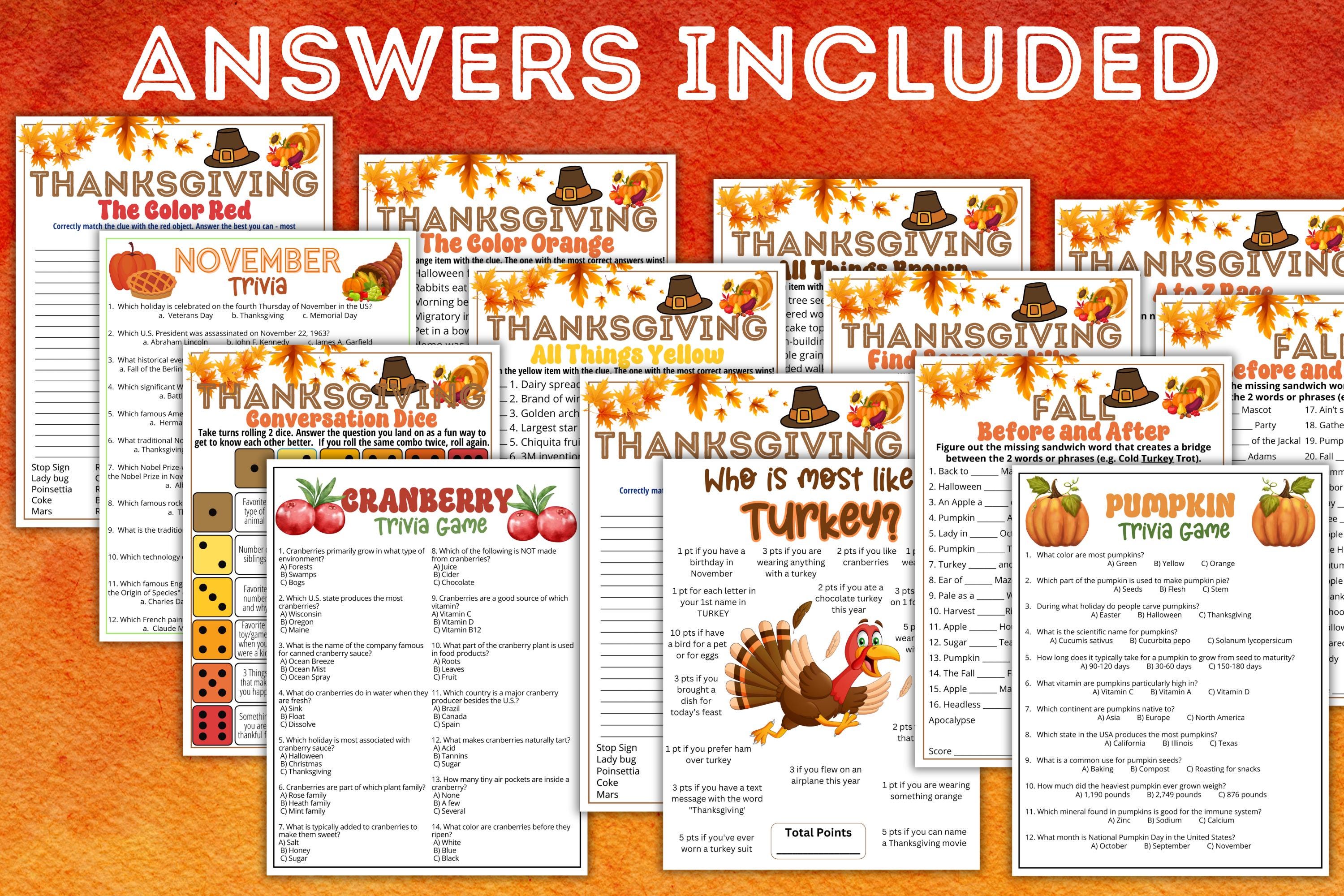 Thanksgiving Game Bundle, Fall Trivia Games, 52 Fun Printable Games for ...