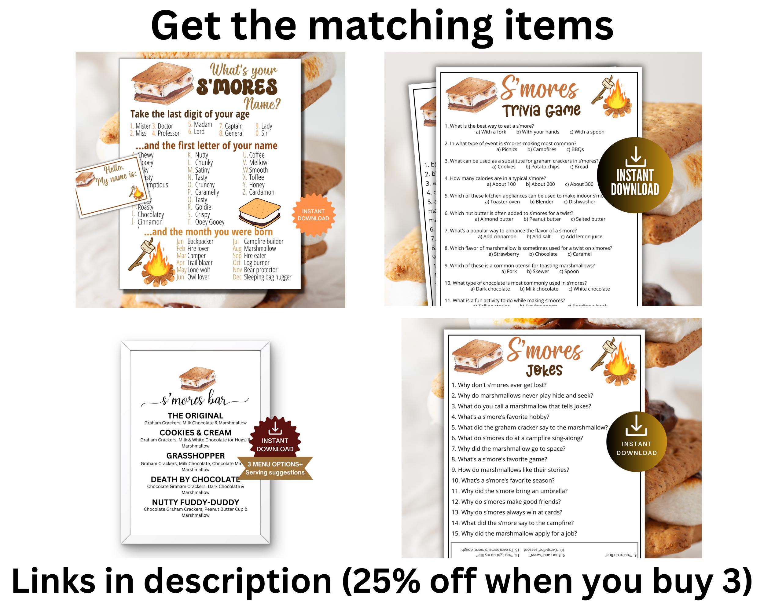 What's Your S'mores Name Game WITH NAMETAGS + SIGN, Smores Party Game ...