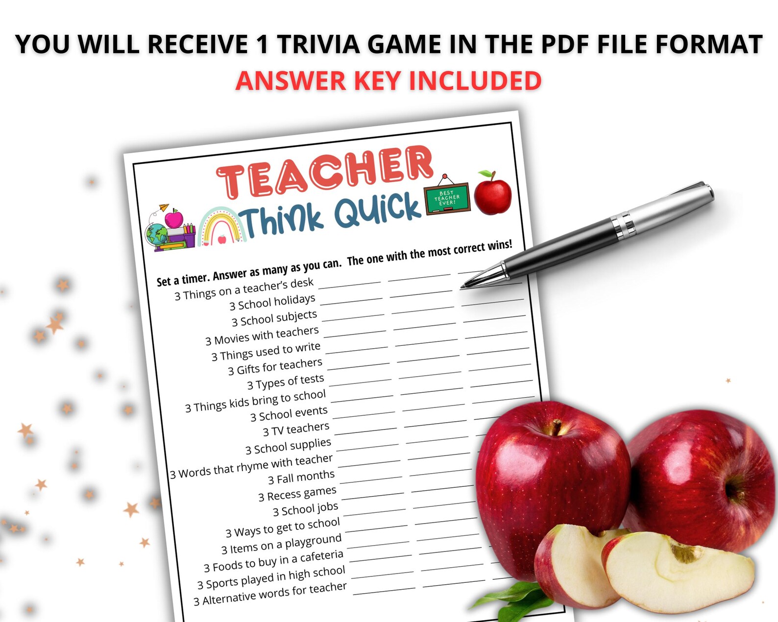 Teacher Think Quick Trivia Game,teacher Party,back to School Trivia ...