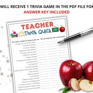 Teacher Think Quick Trivia Game,teacher Party,back to School Trivia ...