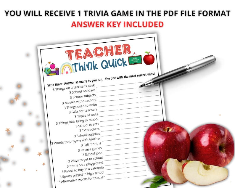 Teacher Think Quick Trivia Game,teacher Party,back to School Trivia ...