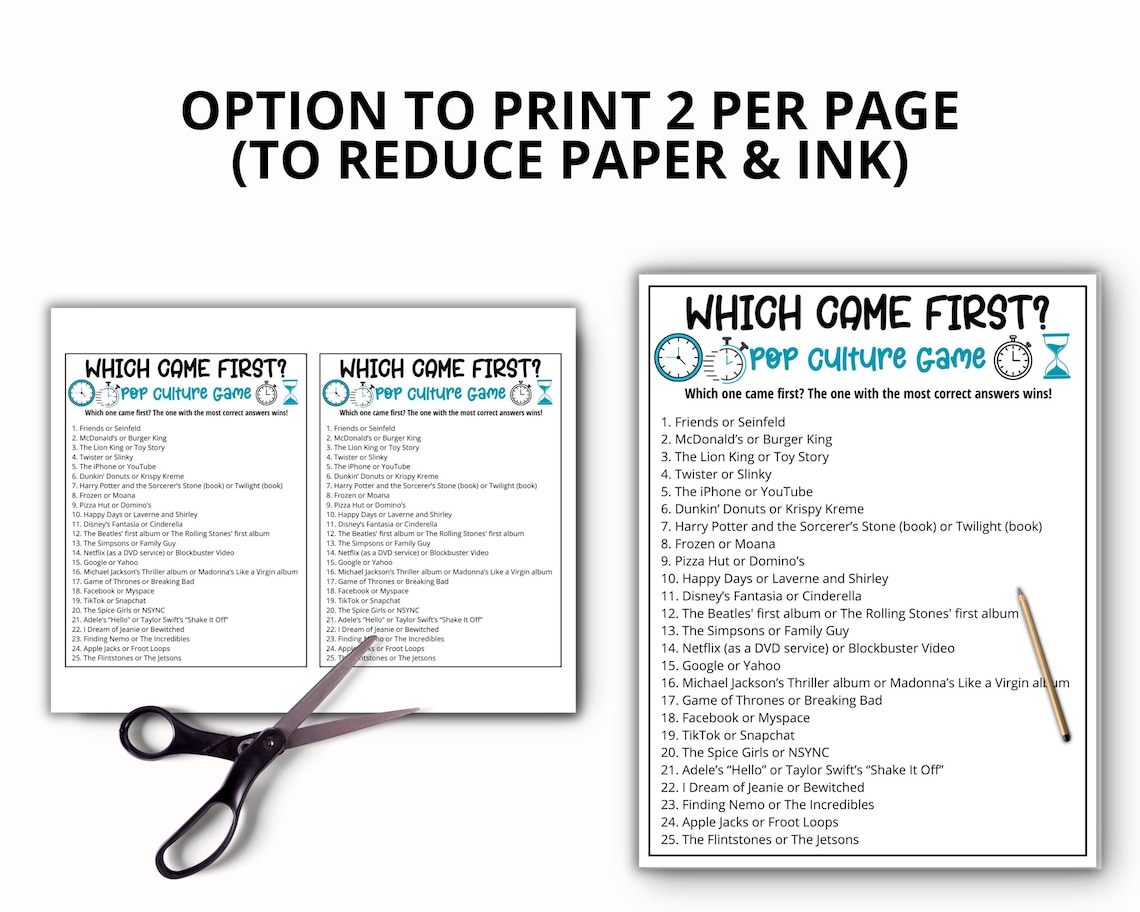 Pop Culture Trivia Game, Guess Which Came First Quiz,printable Game for ...
