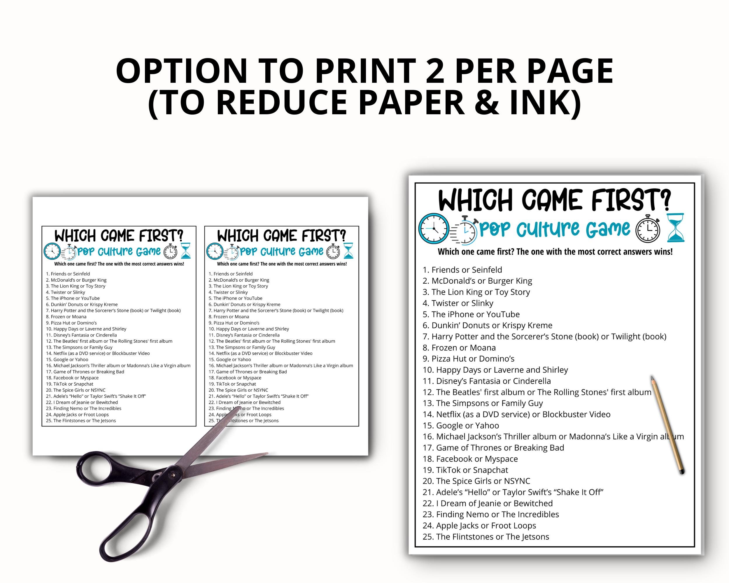 Pop Culture Trivia Game, Guess Which Came First Quiz,printable Game for ...