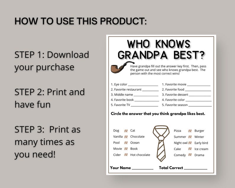 Who Knows Grandpa Best Game, Printable Father's Day Game, Grandparents ...