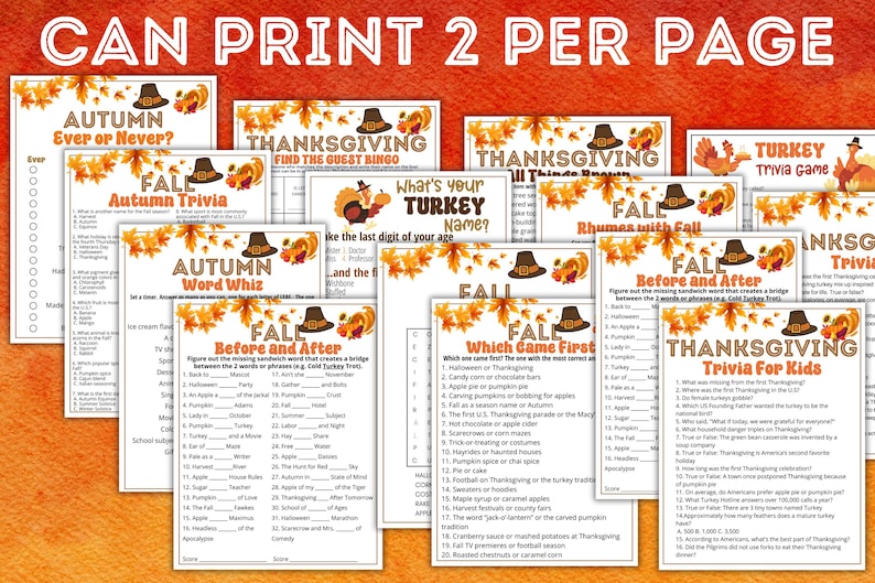 Thanksgiving Game Bundle, Fall Trivia Games, 52 Fun Printable Games for ...
