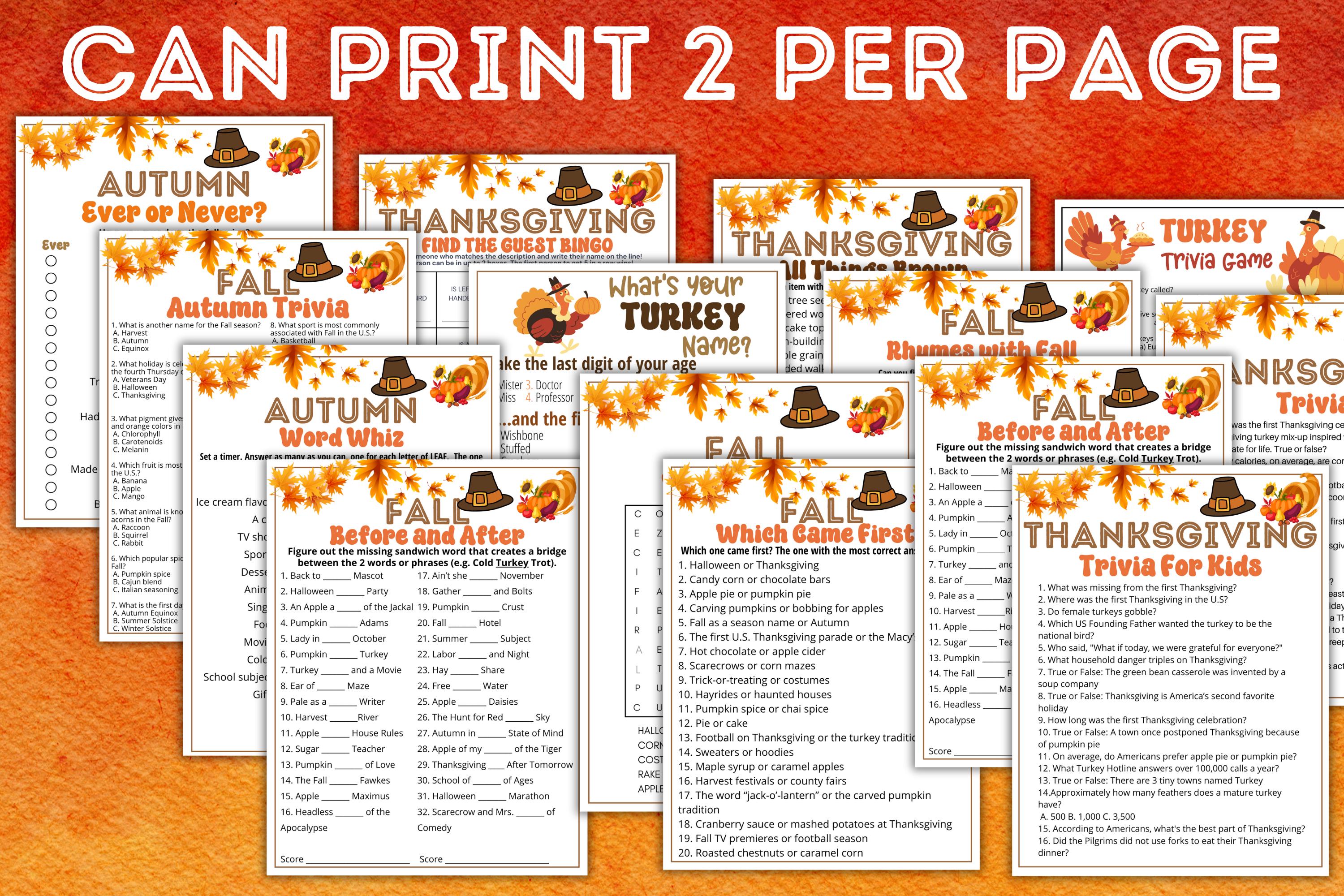Thanksgiving Game Bundle, Fall Trivia Games, 52 Fun Printable Games for ...