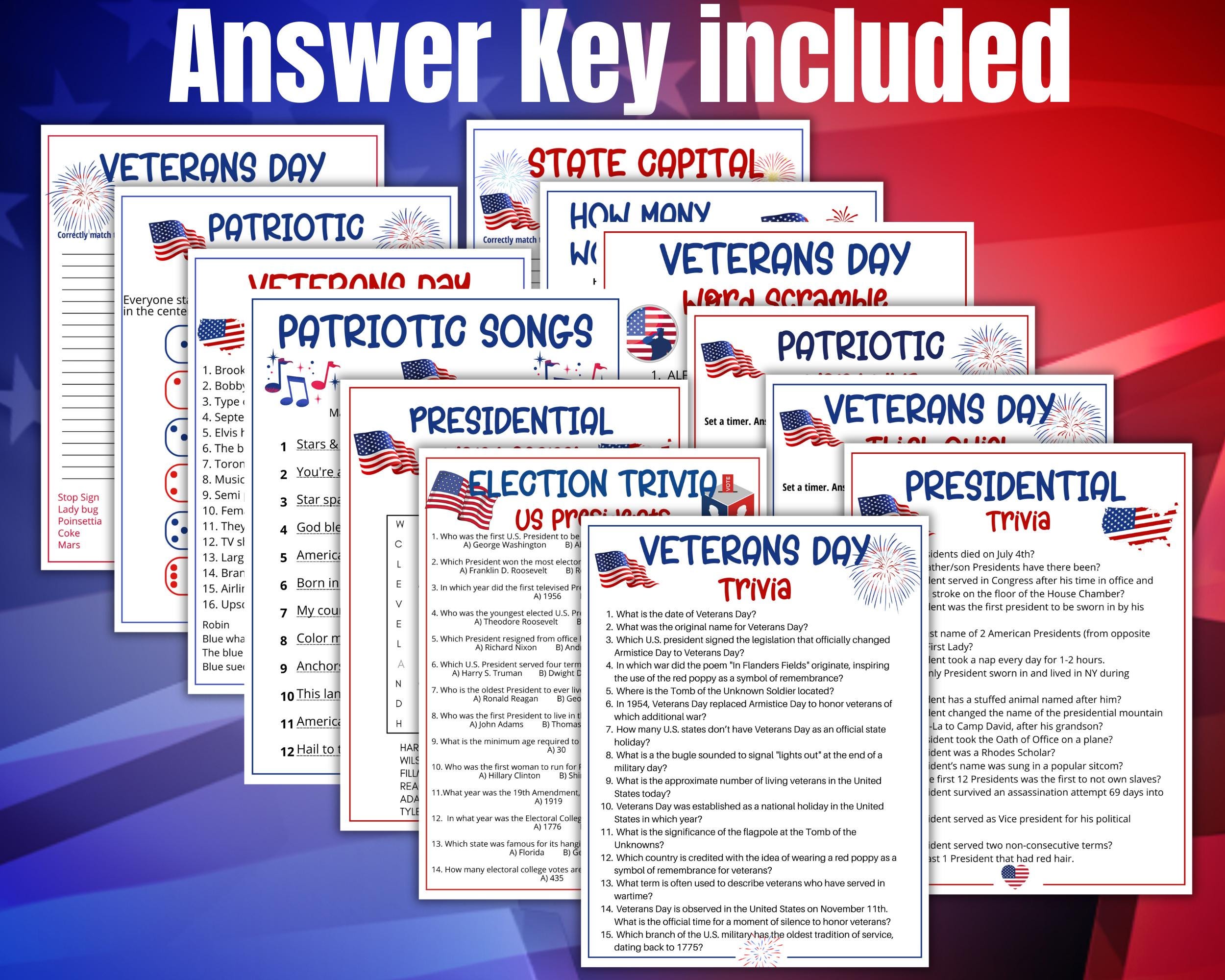 Veterans Day Game Bundle,veterans Day Trivia,patriotic Songs Game ...
