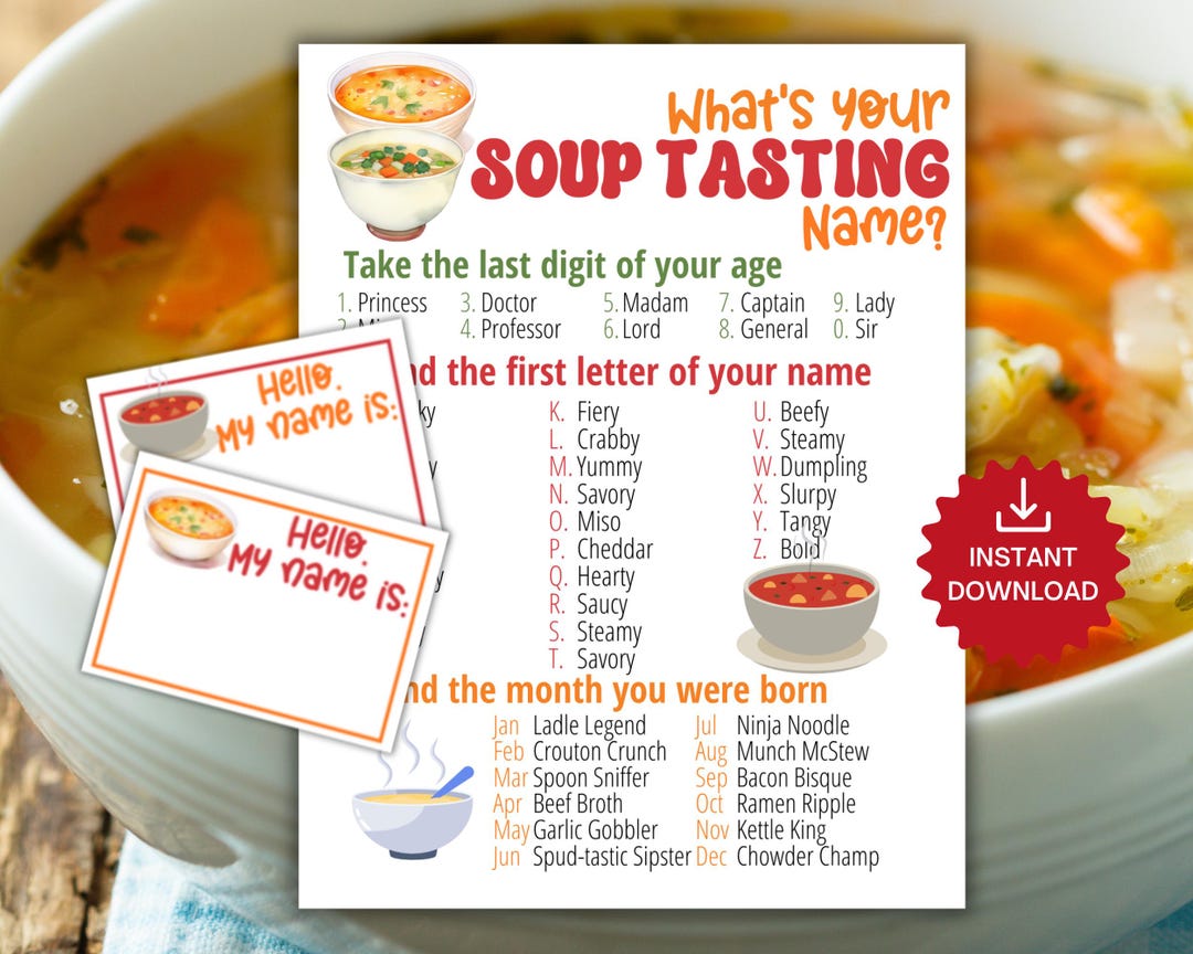 What's Your Soup Tasting Name Game WITH NAMETAGS + SIGN, Comfort Food ...