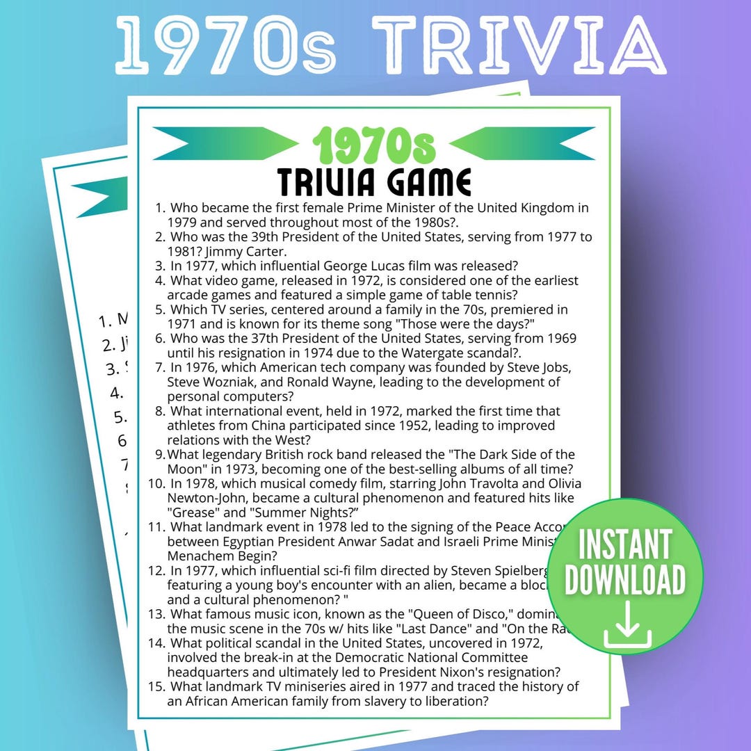 1970s Decade Trivia Game, Trivia Questions, 70s Trivia Quiz, 1970s ...