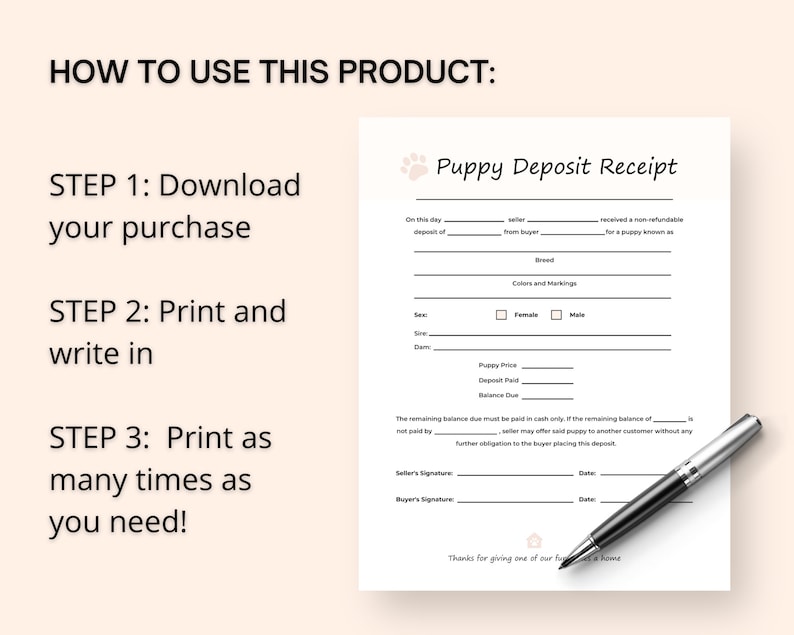Puppy Deposit Receipt Dog Breeder Forms Printable PDF - Etsy