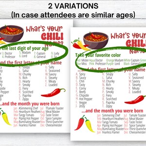 What's Your Chili Name Game WITH NAMETAGS + SIGN, Chili Party Game ...