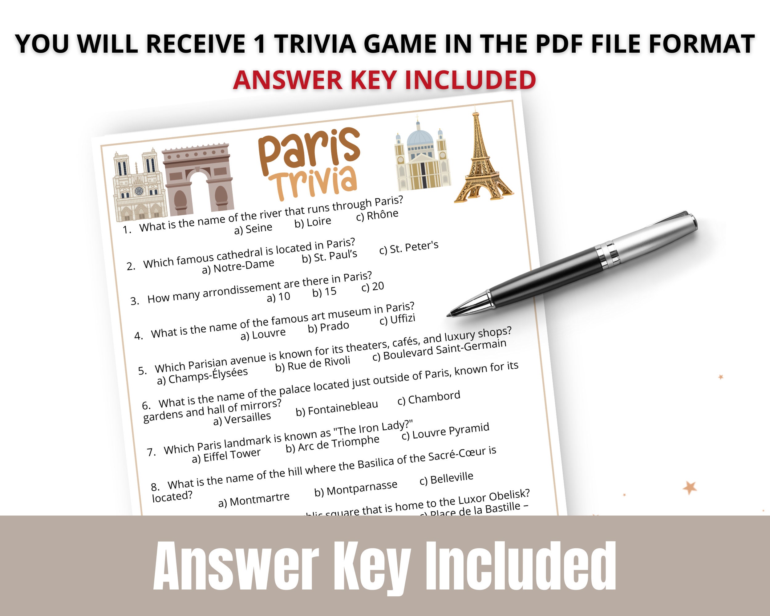 Paris Trivia Game,printable Paris Games for Kids & Adults, French ...