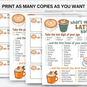 What's Your Latte Name Game WITH NAMETAGS + SIGN, Brunch Party Game ...