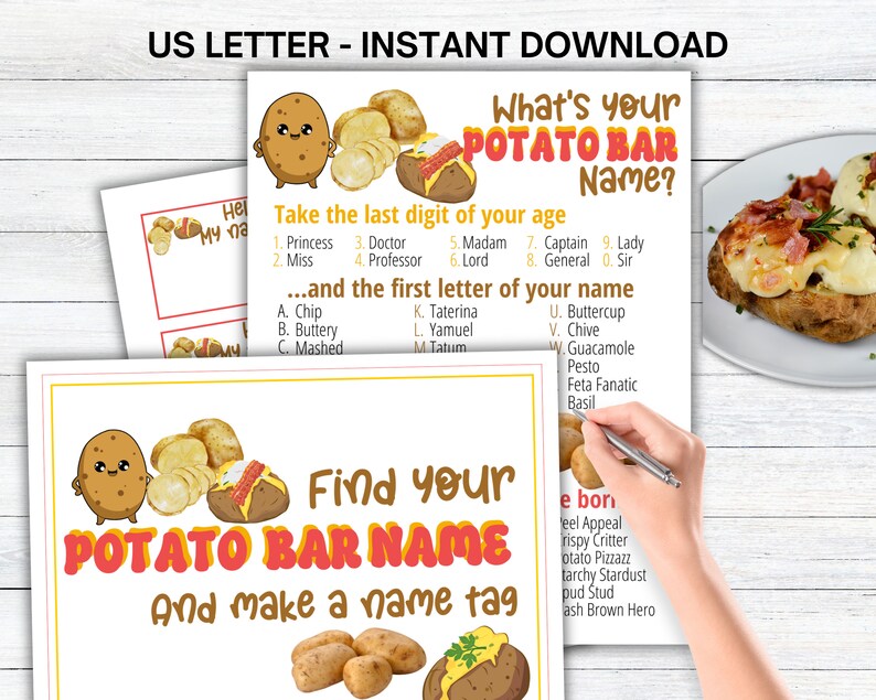 What's Your Potato Bar Name Game WITH NAMETAGS +sign,baked Potato Bar ...