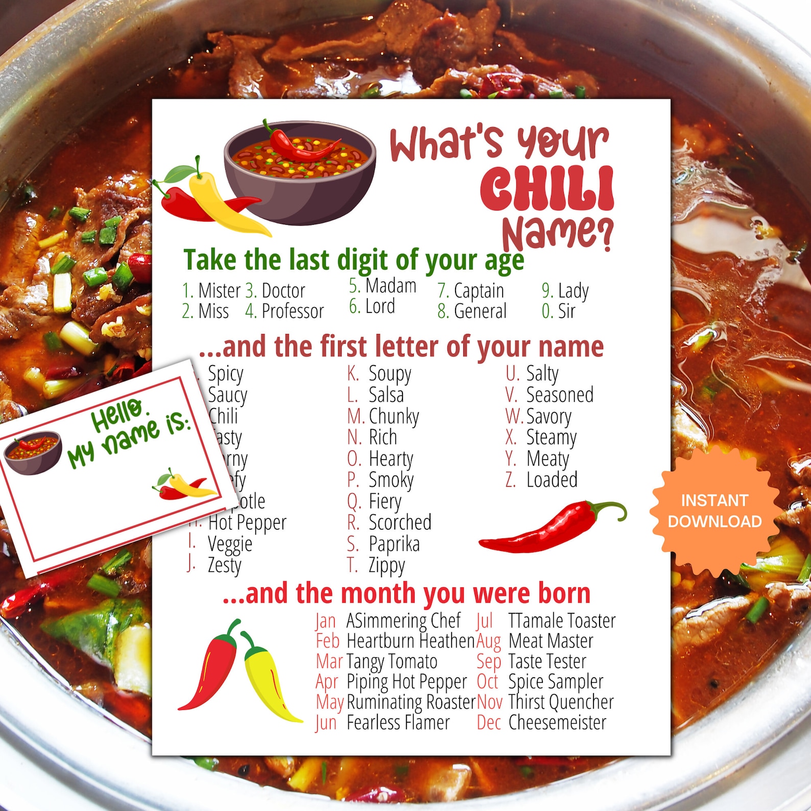 What's Your Chili Name Game WITH NAMETAGS SIGN, Chili Party Game, Chili ...