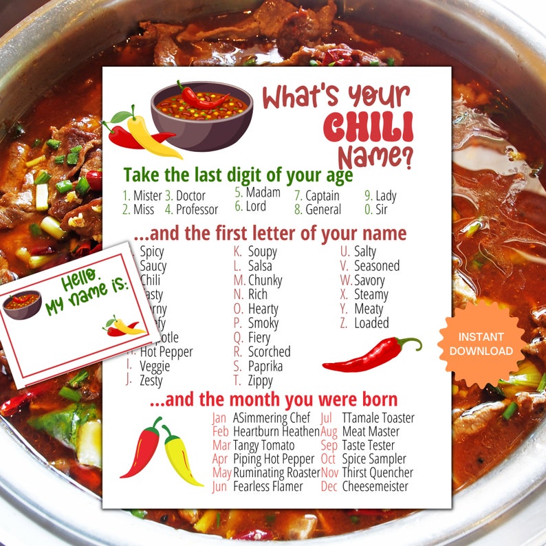 What's Your Chili Name Game WITH NAMETAGS + SIGN, Chili Party Game ...