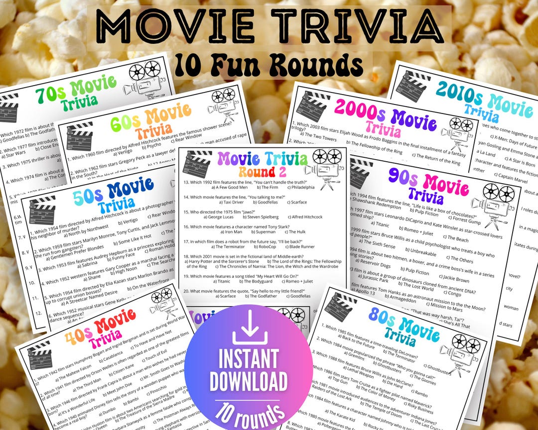 Movie Trivia Game, Decades Movie Quiz Party, Silver Screen Movie Quotes ...