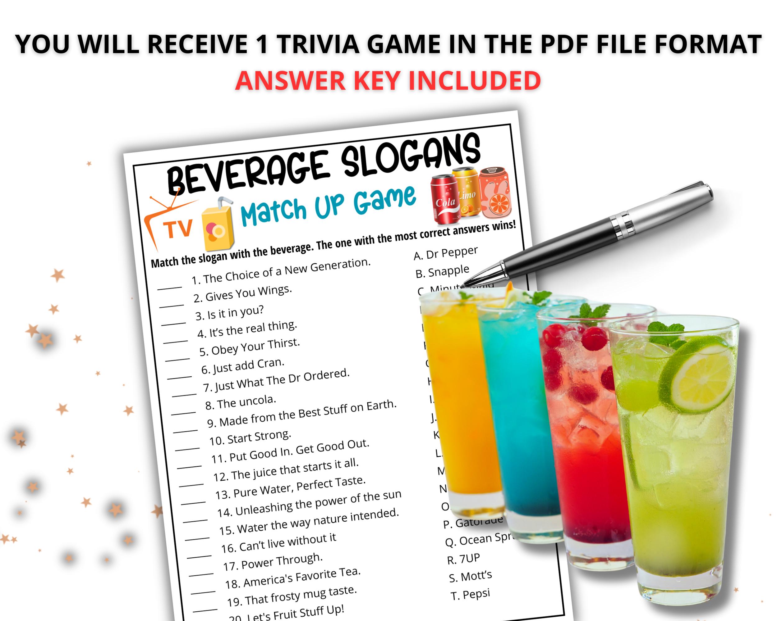 Beverage Slogan Trivia Game, Ad Slogan Match up Quiz,printable TV ...