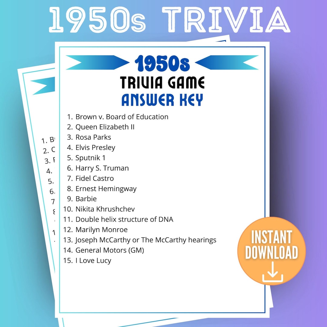 1950s Decade Trivia Game, Trivia Questions, 50s Trivia Quiz, 1960s ...