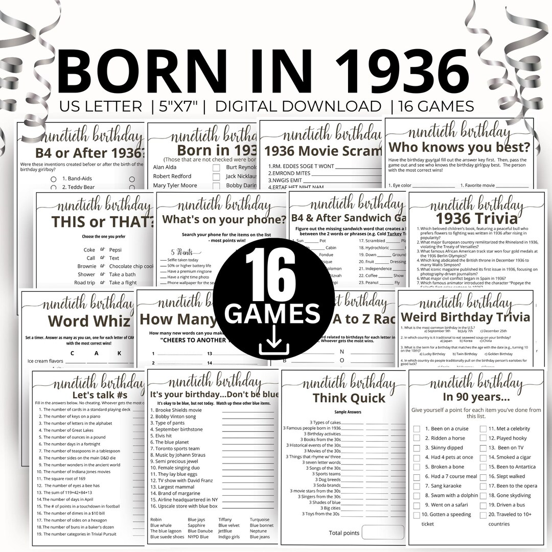 90th Birthday Party Games, Born in 1936 Game, 1936 Birthday Games, 90th ...