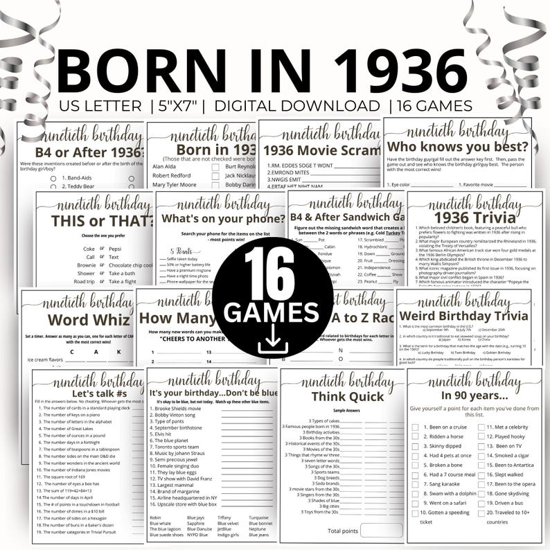 90th Birthday Party Games, Born in 1936 Game, 1936 Birthday Games, 90th ...