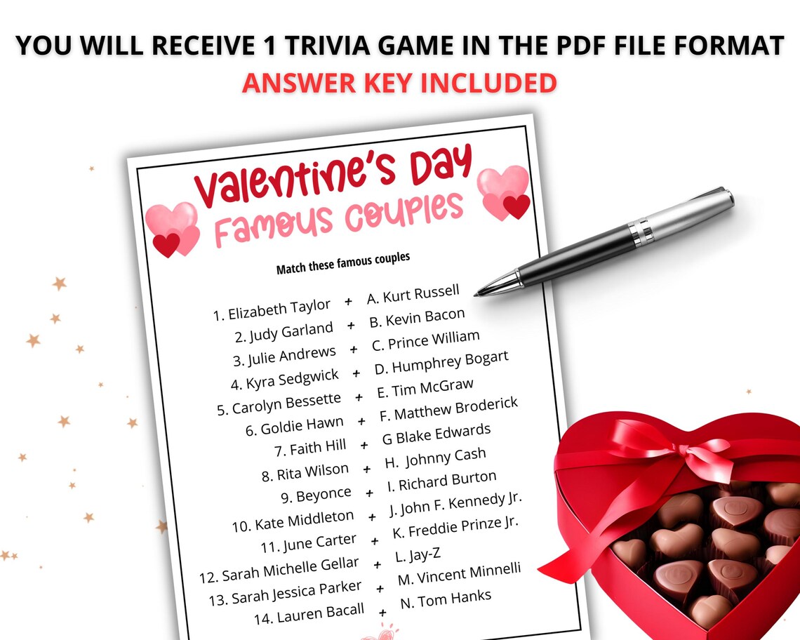 Valentine's Day Famous Couples Trivia Game, Celebrity Pairs, Valentine ...
