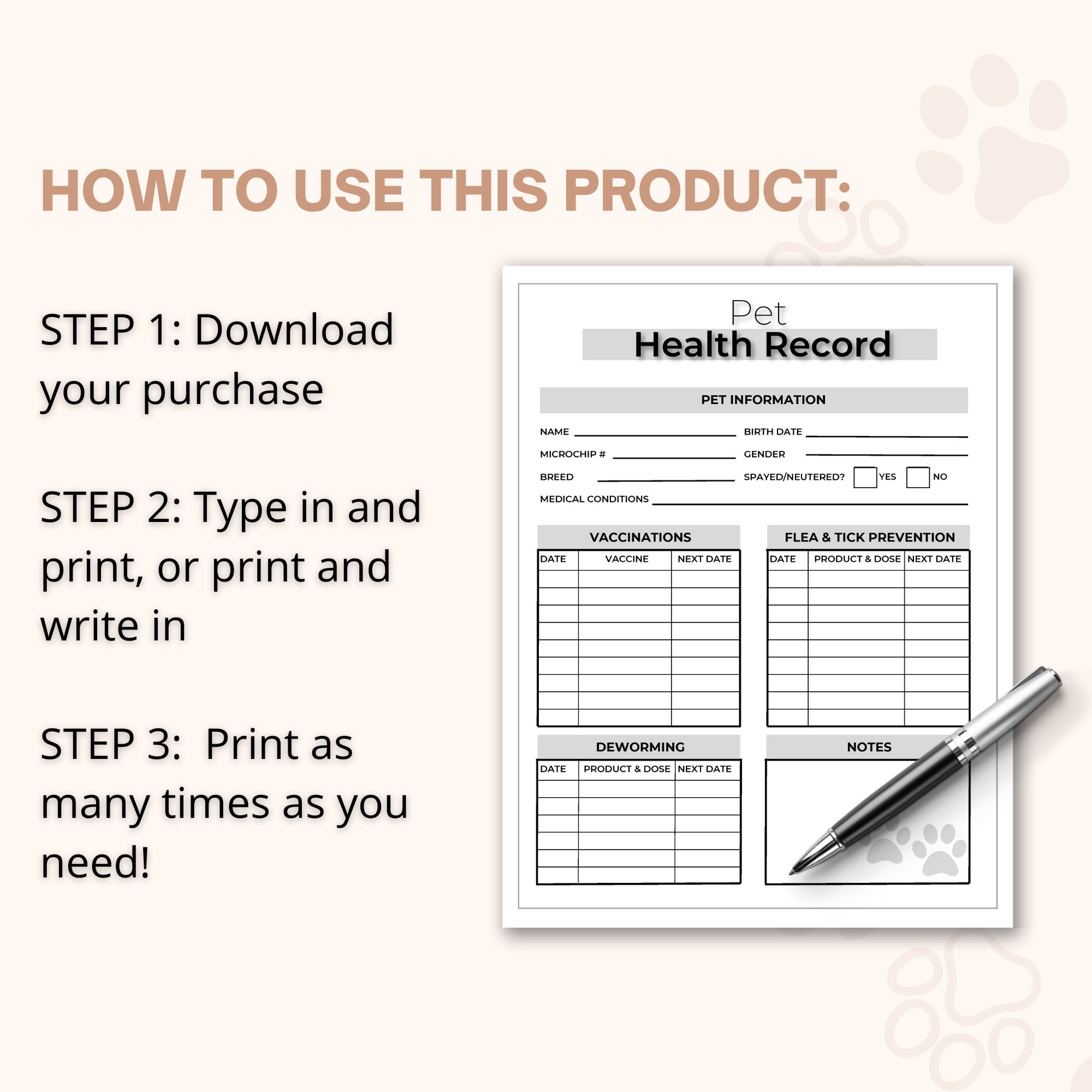 Pet Health Record, Dog Breeder Forms, Dog Owner Template, Editable Dog ...