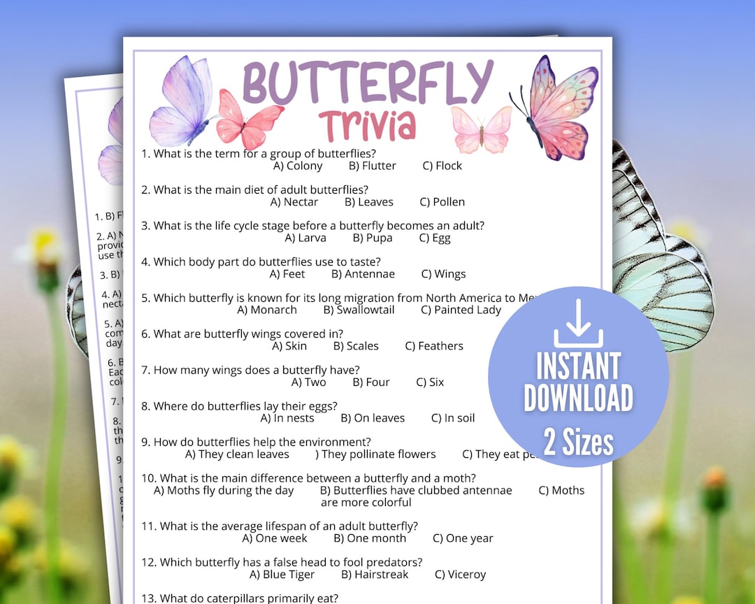 Butterfly Trivia Game, Printable Butterfly Party Game for Kids & Adults ...