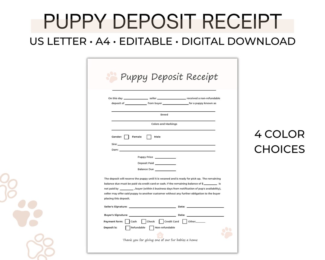 Puppy Deposit Receipt Dog Breeder Forms Printable PDF D001 - Etsy