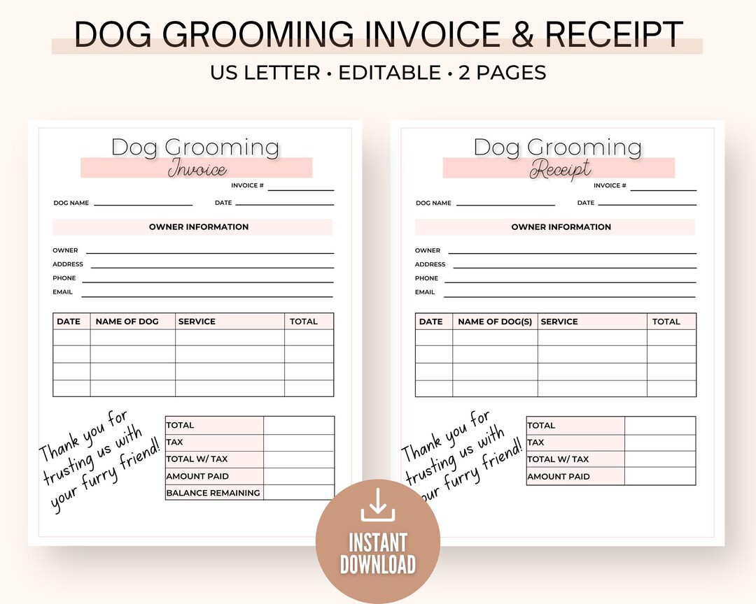 Dog Grooming Invoice, Dog Grooming Receipt - Editable PDF D001 - Etsy