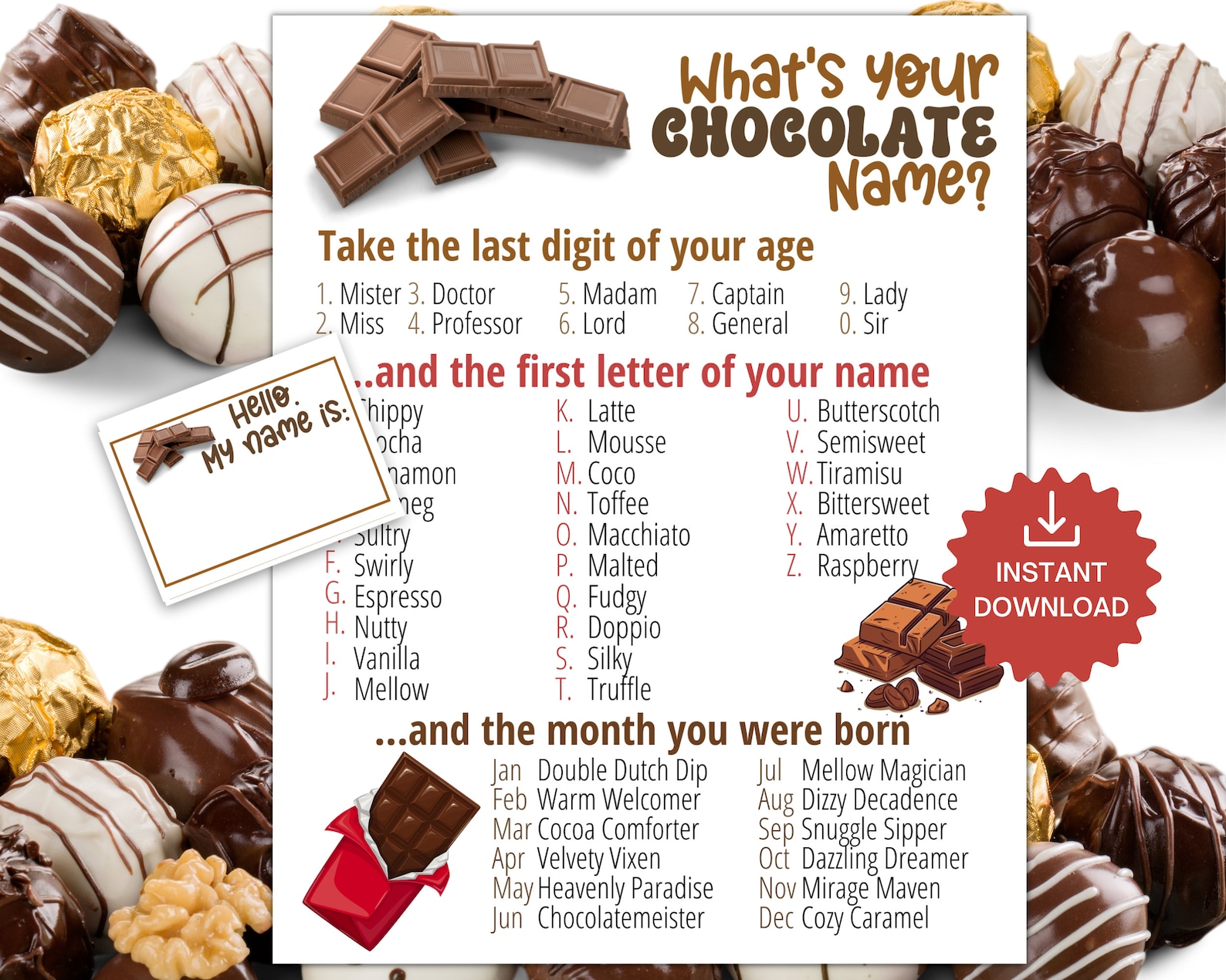 What's Your Chocolate Name Game WITH NAMETAGS + SIGN, Chocolate Party ...
