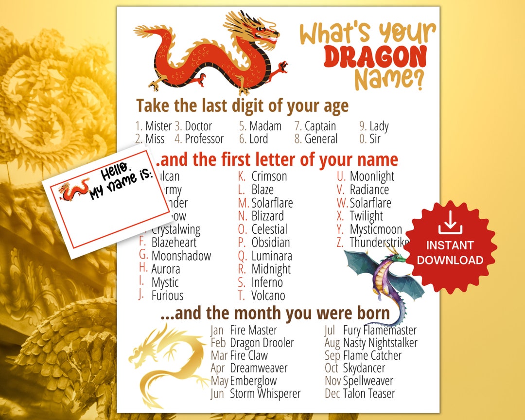 What's Your Dragon Name Game WITH NAMETAGS + Sign,dragon Theme Party ...