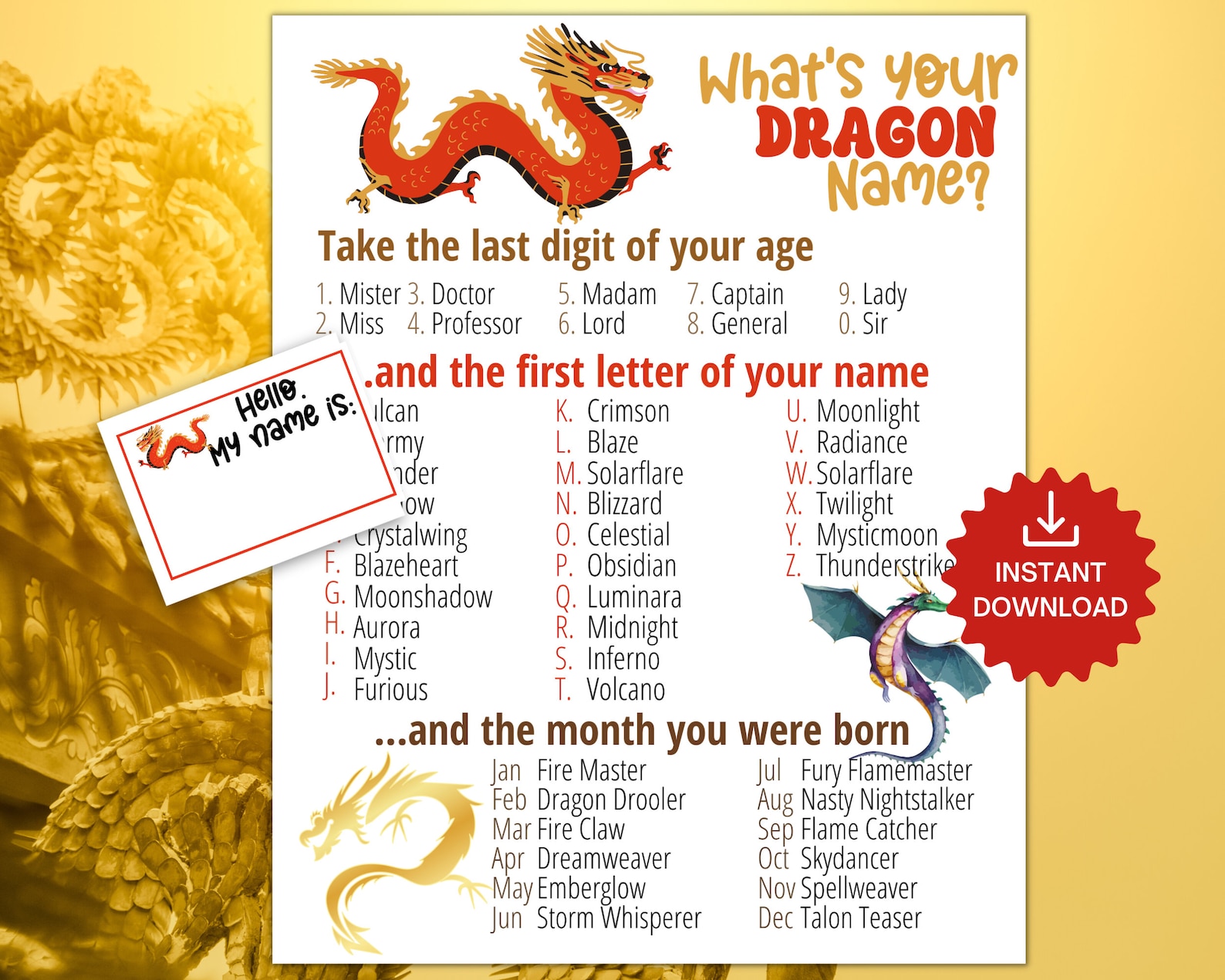 What's Your Dragon Name Game WITH NAMETAGS + Sign,dragon Theme Party ...