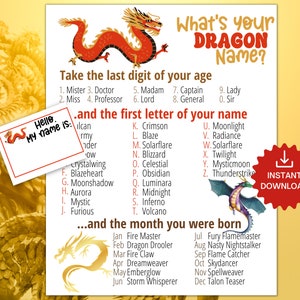 What's Your Dragon Name Game WITH NAMETAGS + Sign,dragon Theme Party ...