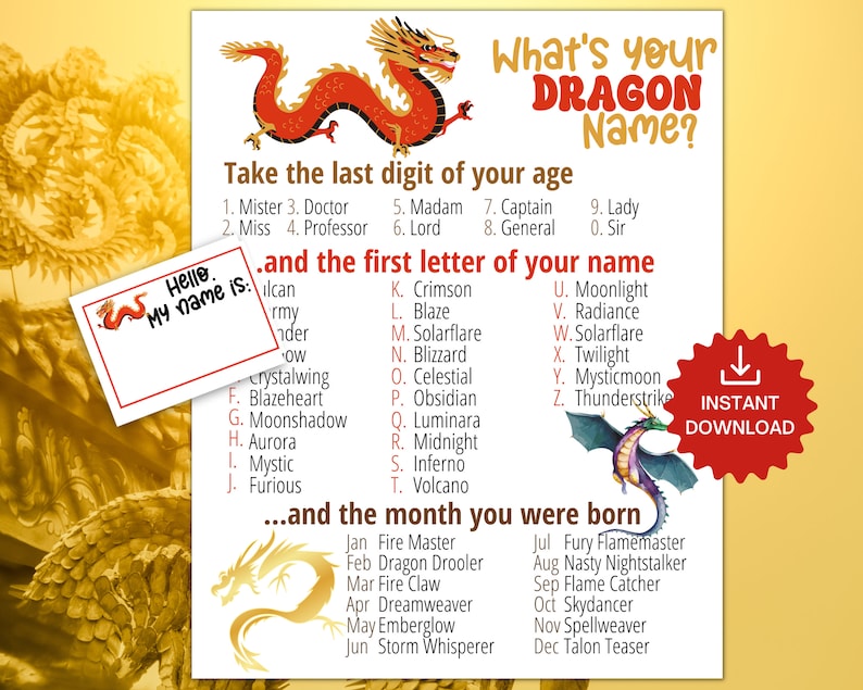 What's Your Dragon Name Game WITH NAMETAGS + Sign,dragon Theme Party Game,dragon Birthday ...