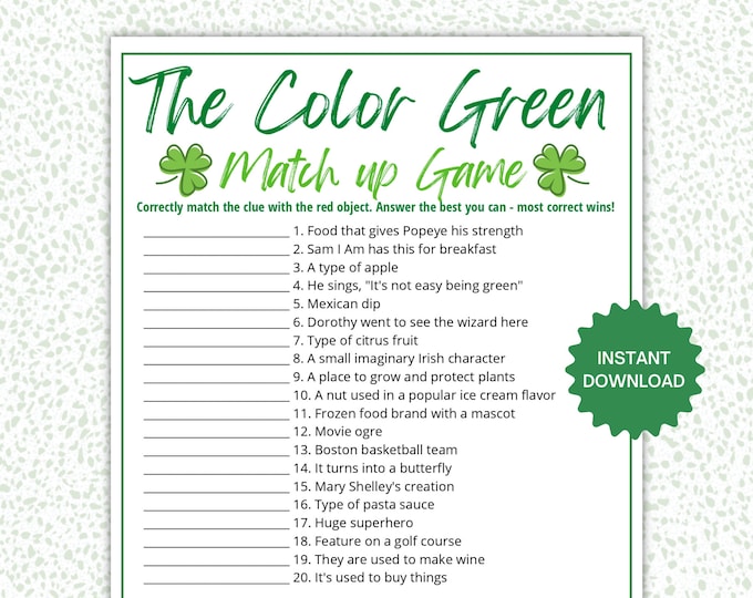 St. Patrick's Day Green Color Match up Game, Printable Senior Trivia ...